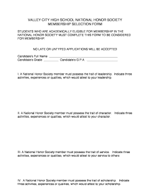 Fillable Online valley-city k12 nd VALLEY CITY HIGH SCHOOL NATIONAL HONOR SOCIETY Fax Email ...