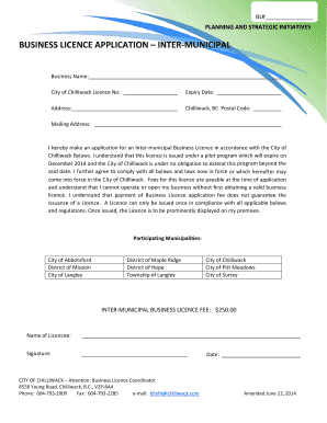 Fillable Online chilliwack BUSINESS LICENCE APPLICATION INTER-MUNICIPAL Fax Email Print - pdfFiller