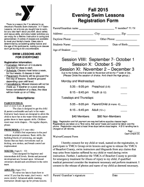 Fillable Online Fall 2015 Evening Swim Lessons Registration Form Fax ...