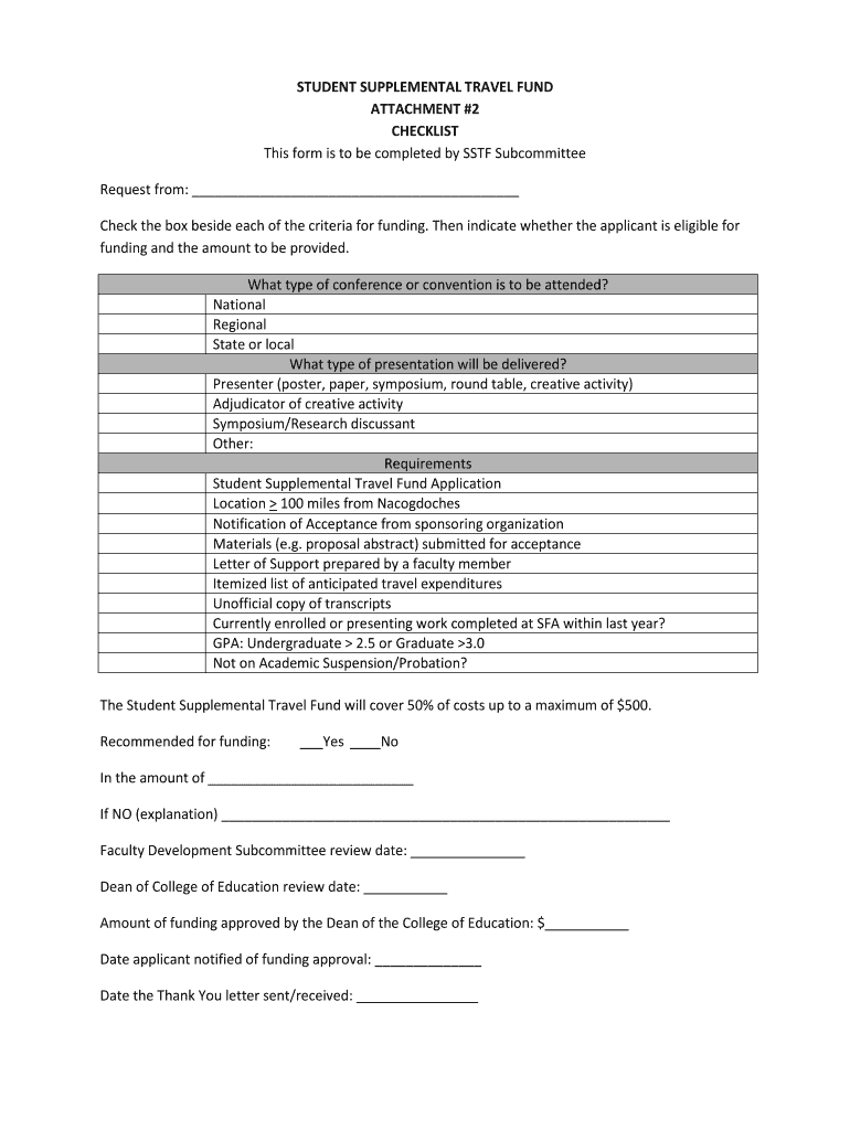 Fillable Online coe sfasu STUDENT SUPPLEMENTAL TRAVEL FUND ATTACHMENT 2 ...