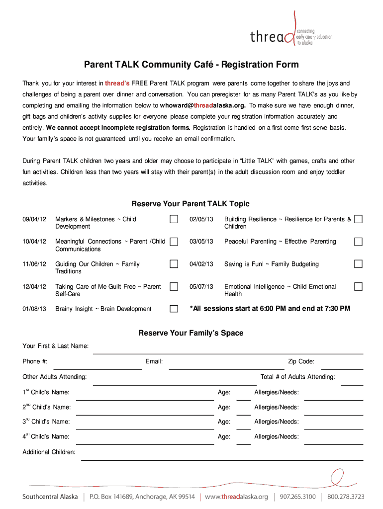 Fillable Online threadalaska Parent TALK Community Caf - Registration ...
