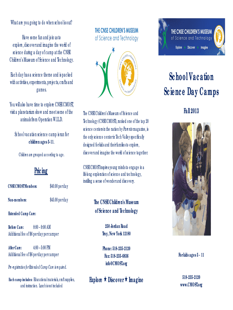 Fillable Online cmost Fall School Vacation Science Camp brochure and ...