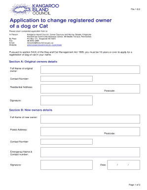 Fillable Online Application to change registered owner of dog or cat ...