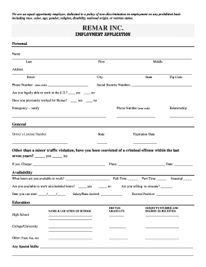 Fillable Online Employment Application - Remar. Inc Fax Email Print - pdfFiller