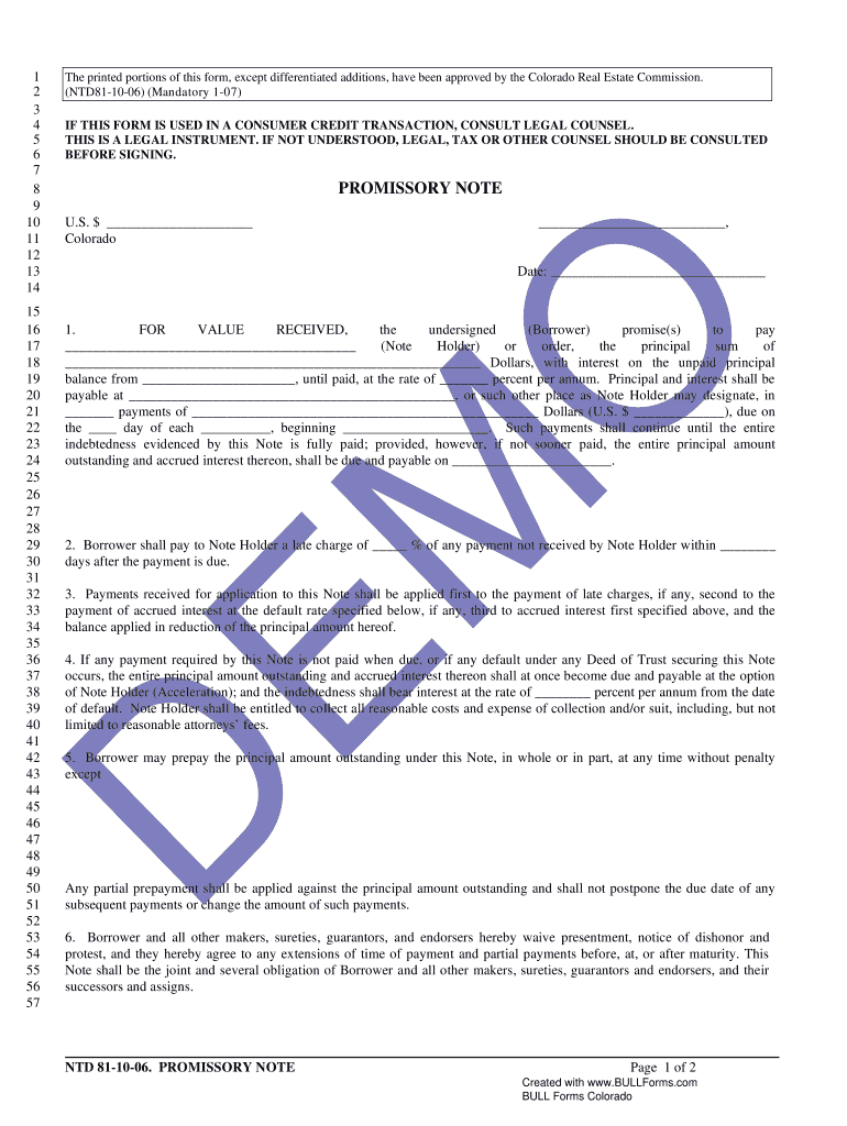 Fillable Online Promissory note - BULL Forms Colorado Fax Email Print ...