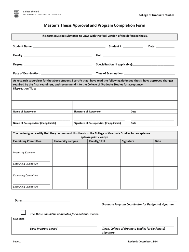 Fillable Online gradstudies ok ubc Masters Thesis Approval and Program Completion Form Fax Email ...