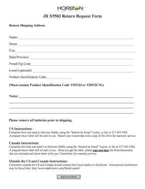 Fillable Online JR X9503 Return Request Form - E-flite RC Fax Email ...