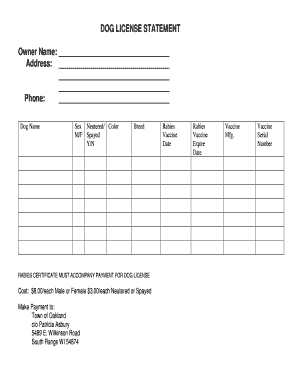 DOG LICENSE STATEMENT - Oakland Douglas County Wisconsin - Fill and ...