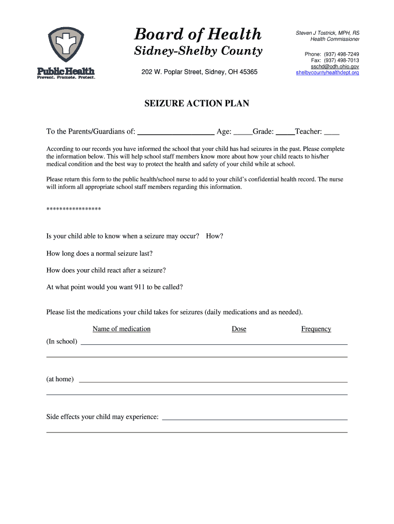 Fillable Online sidney k12 oh us schools Seizure Action Plan Form ...