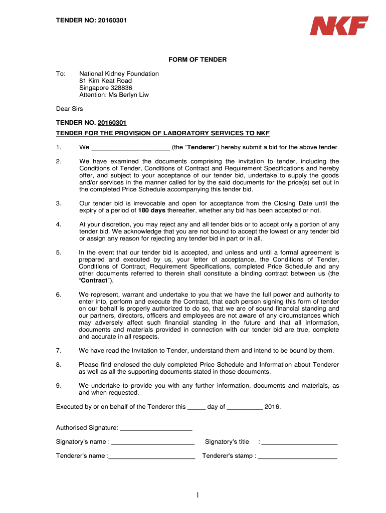 Fillable Online nkfs TENDER NO 20160301 FORM OF TENDER TENDER NO ...