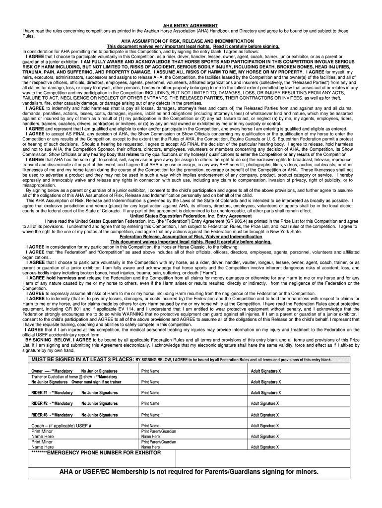 Fillable Online AHA ENTRY AGREEMENT AHA ASSUMPTION OF RISK RELEASE AND ...