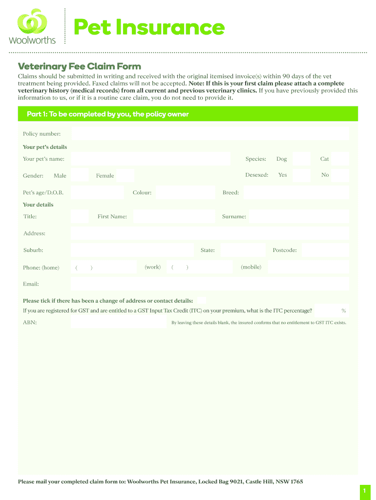 Fillable Online Woolworths Veterinary Fee bClaim Formb - bInsuranceb ...
