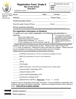 Fillable Online Registration Form Grade 8 Administrative use only Fax ...