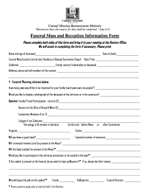 Fillable Online carmelmission Funeral Mass and Reception Information ...