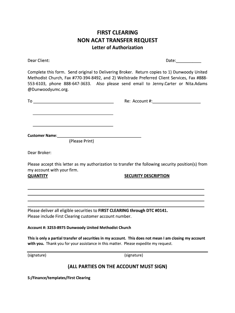 Fillable Online dunwoodyumc First clearing non acat transfer request ...