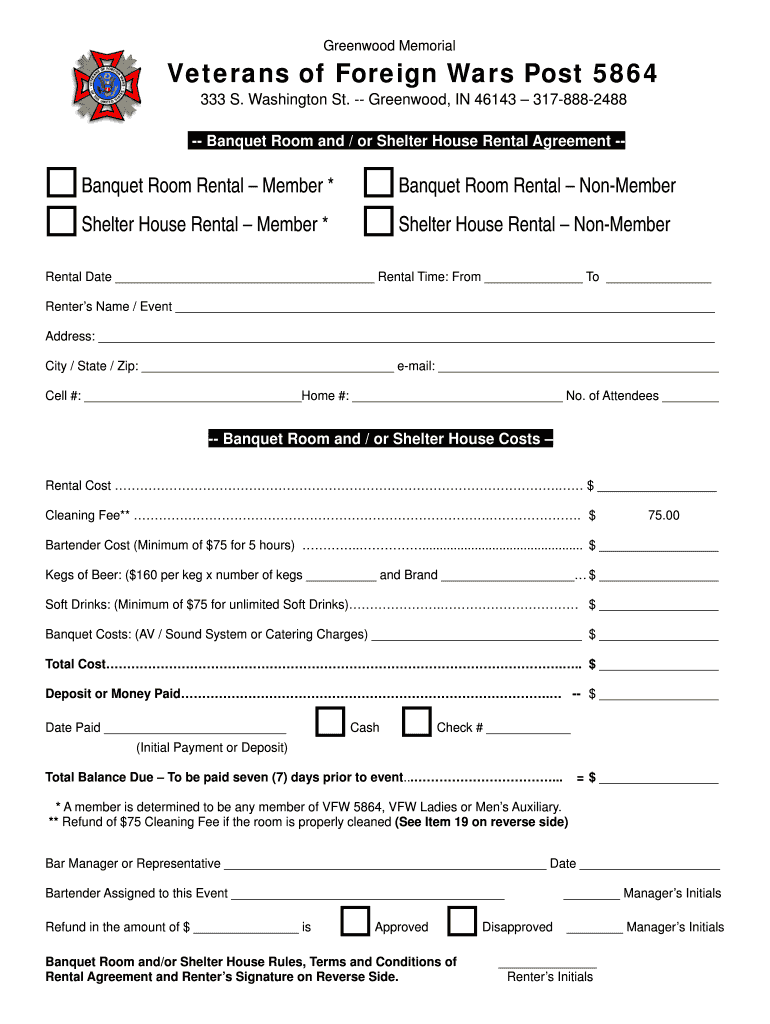 Fillable Online Banquet Hall Rental Agreement - Greenwood Memorial VFW ...