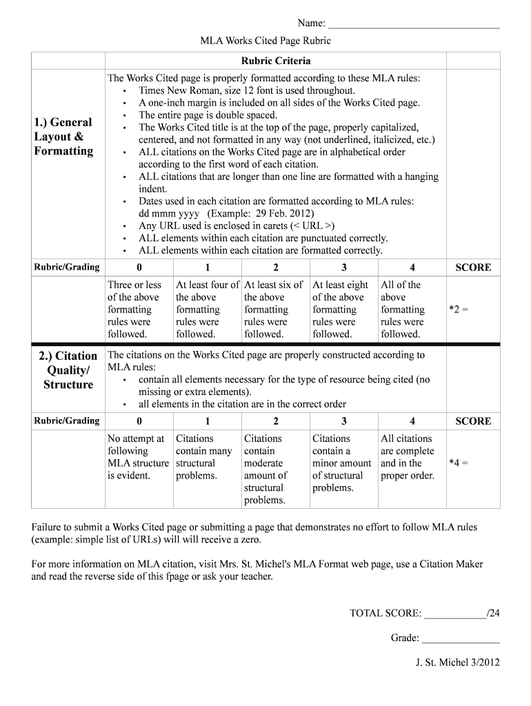 Fillable Online MLA Works Cited Page Rubric Fax Email Print - pdfFiller