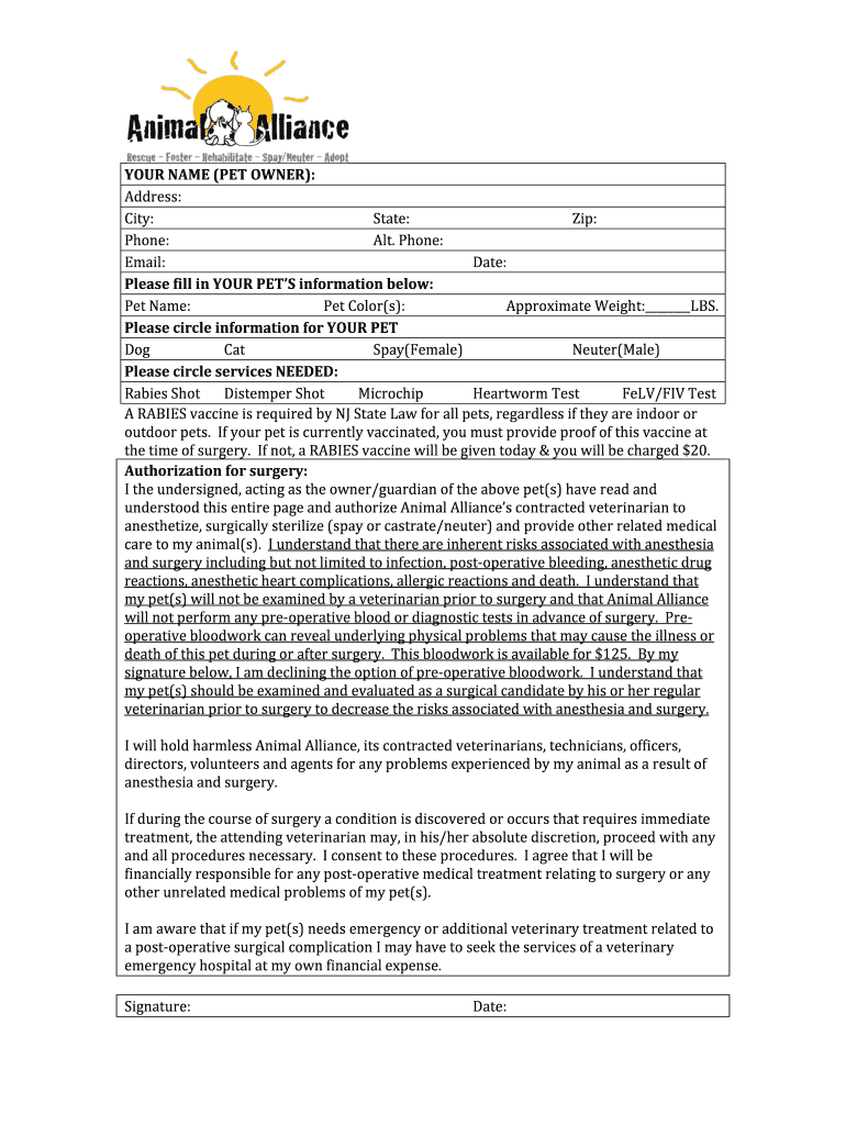 Fillable Online animalalliancenj YOUR NAME PET OWNER information for ...