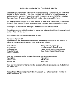 Fillable Online Audition Information for You Cant Take it With You Fax ...