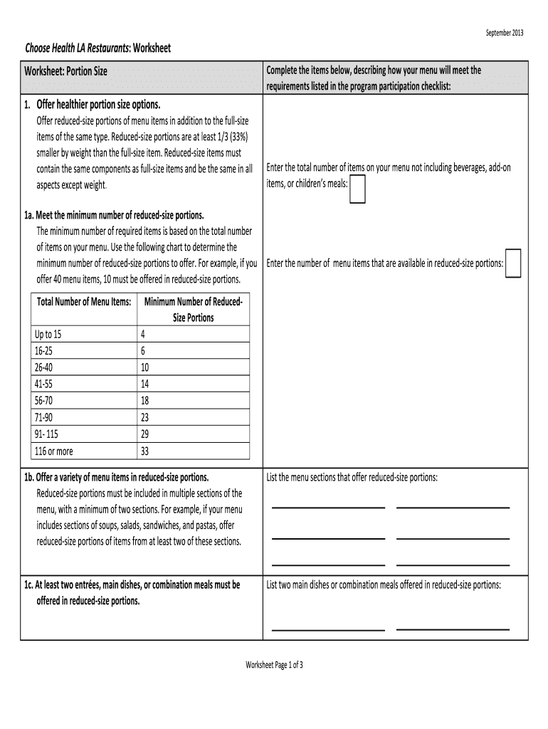 Fillable Online Choose Health LA Restaurants: Worksheet Worksheet ...
