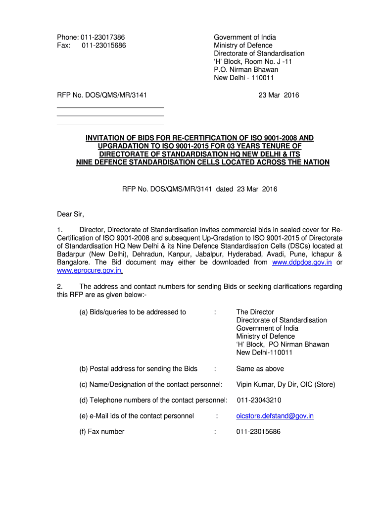 Fillable Online ddpdos gov INVITATION OF BIDS FOR RE-CERTIFICATION OF ...