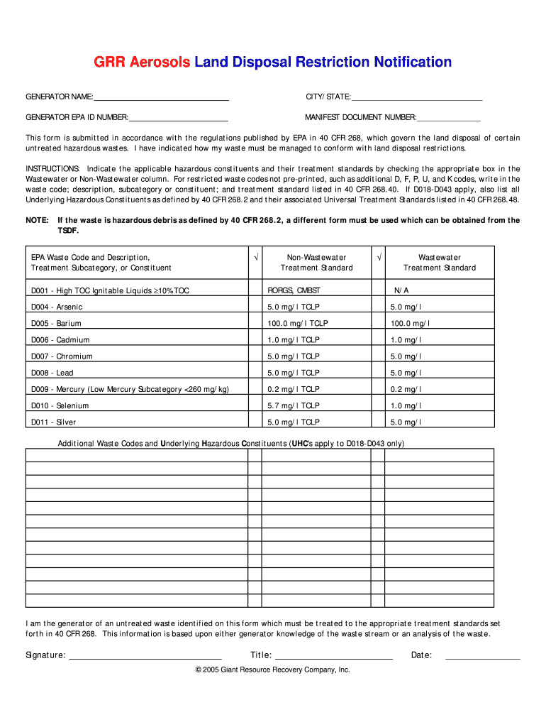 Fillable Online BGRRb Aerosols Land Disposal Restriction Notification ...