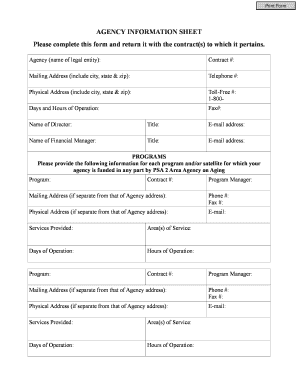 Fillable Online psa2 AGENCY INFORMATION SHEET Please complete this form ...