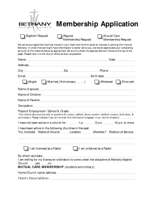Fillable Online Membership Application - Bethany Baptist Church Fax ...
