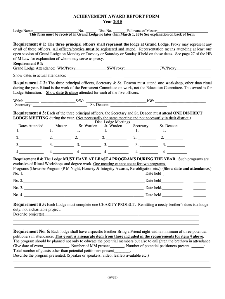 Fillable Online ACHIEVEMENT AWARD REPORT FORM Year 2015 Fax Email Print ...