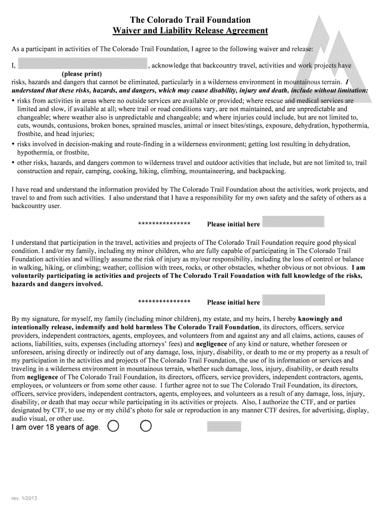 Fillable Online The Colorado Trail Foundation Waiver and Liability ...