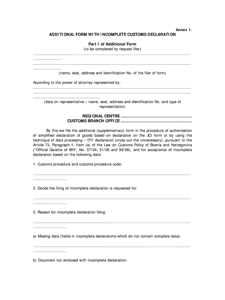 Fillable Online Additional Form with Incomplete Customs Declaration Fax ...