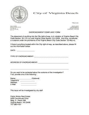 Fillable Online ENCROACHMENT COMPLAINT FORM The placement of anything ...