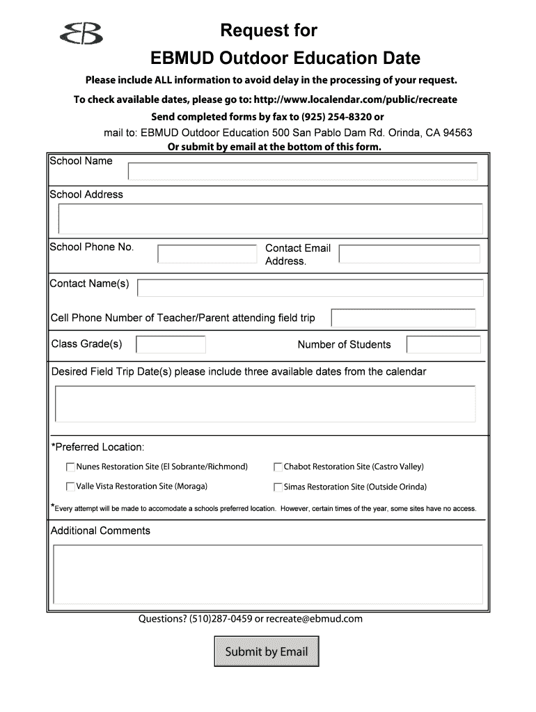 Fillable Online EBMUD Outdoor Education Request Form Fax Email Print ...