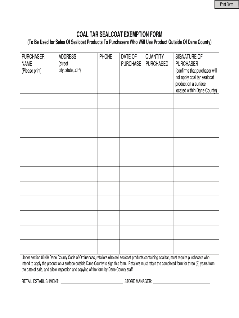 Fillable Online Coal Tar Sealcoat Exemption Form Fax Email Print ...