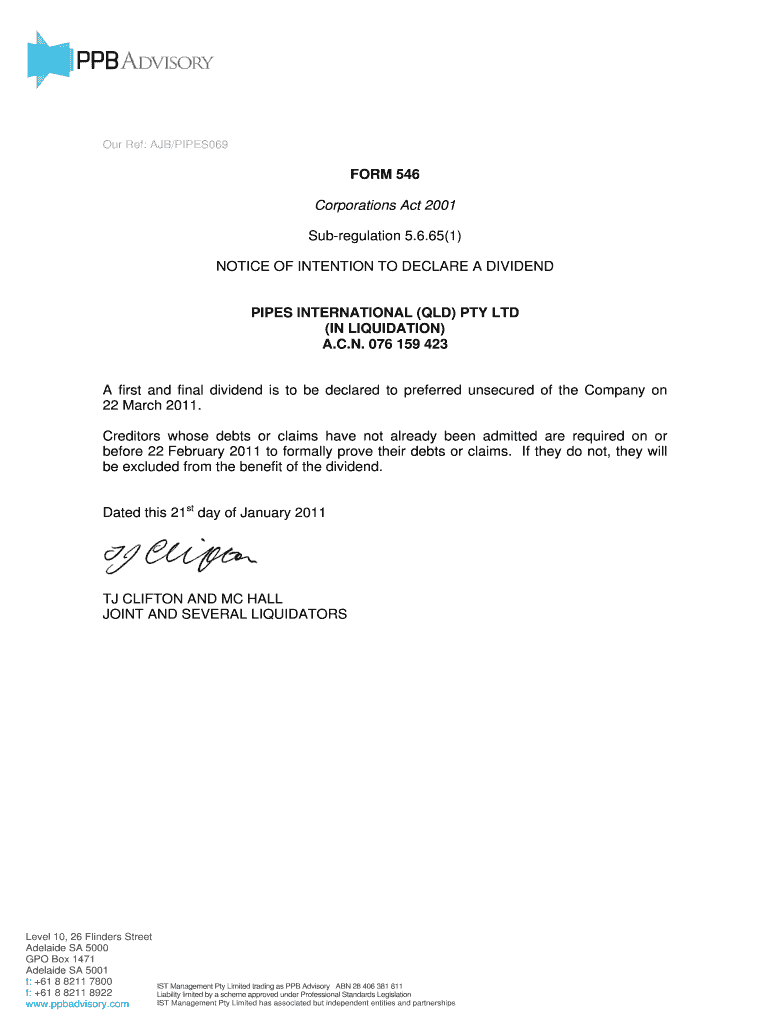 Fillable Online NOTICE OF INTENTION TO DECLARE A DIVIDEND Fax Email ...