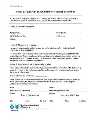 Fillable Online FORM F2: REVOCATION OF AUTHORIZATION TO RELEASE ... Fax ...