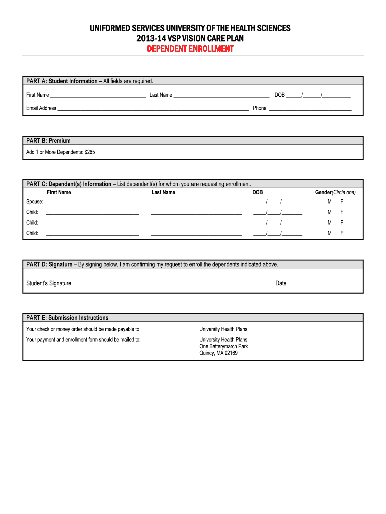 Fillable Online Dependent Enrollment Form for VSP Vision Care Plan Fax Email Print - pdfFiller