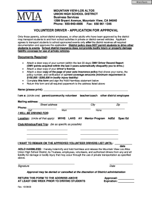 Fillable Online Volunteer driver - application for approval - Mountain ...