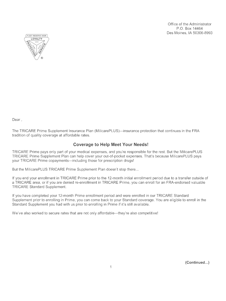 Fillable Online TRICARE Prime Supplement Insurance Plan (MilicarePLUS ...