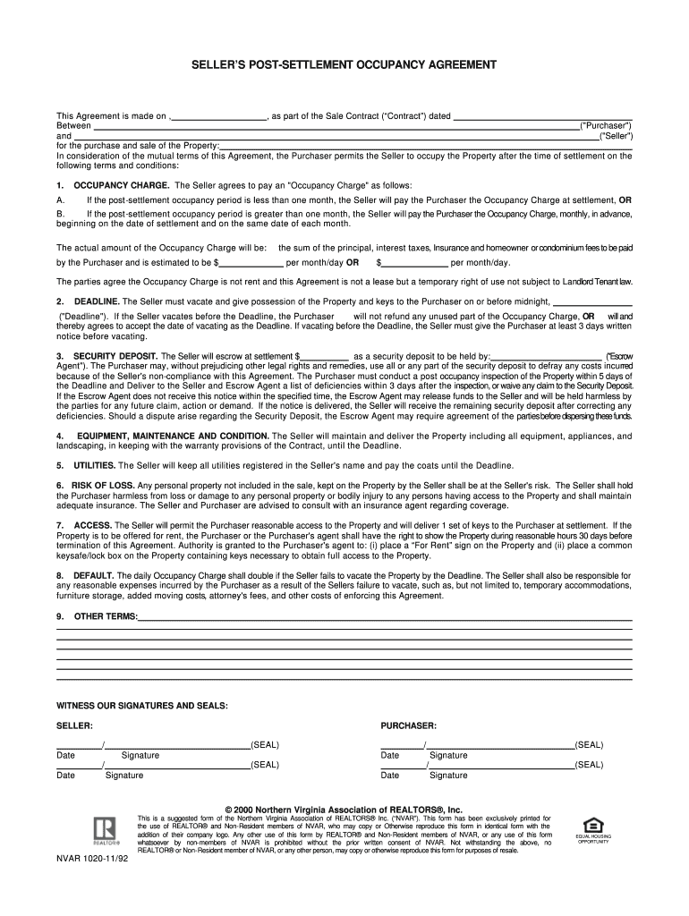 Fillable Online Seller’s Post-Settlement Occupancy Agreement Fax Email ...