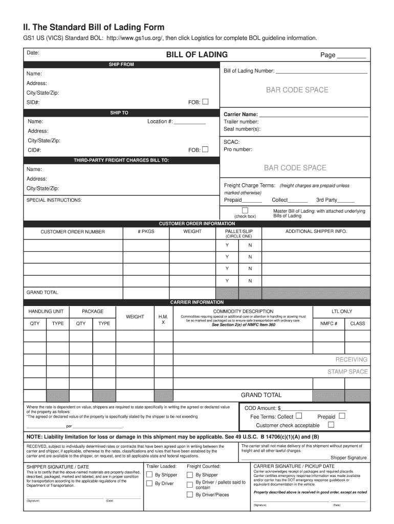 VICS Standard Bill Of Lading Form Fill And Sign Printable Template 