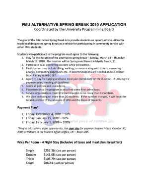 Fillable Online FMU ALTERNATIVE SPRING BREAK b2010 APPLICATIONb bb Fax ...