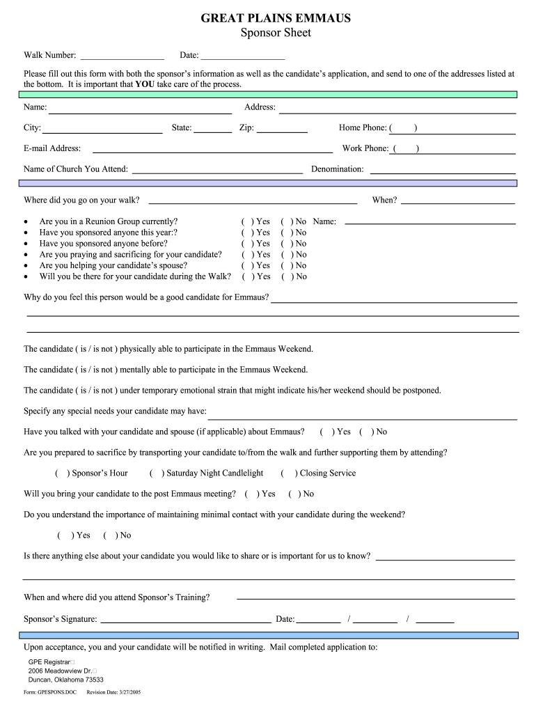 Great Plains Emmaus Sponsor Sheet Form - Fill Online, Printable, Fillable, Blank - pdfFiller