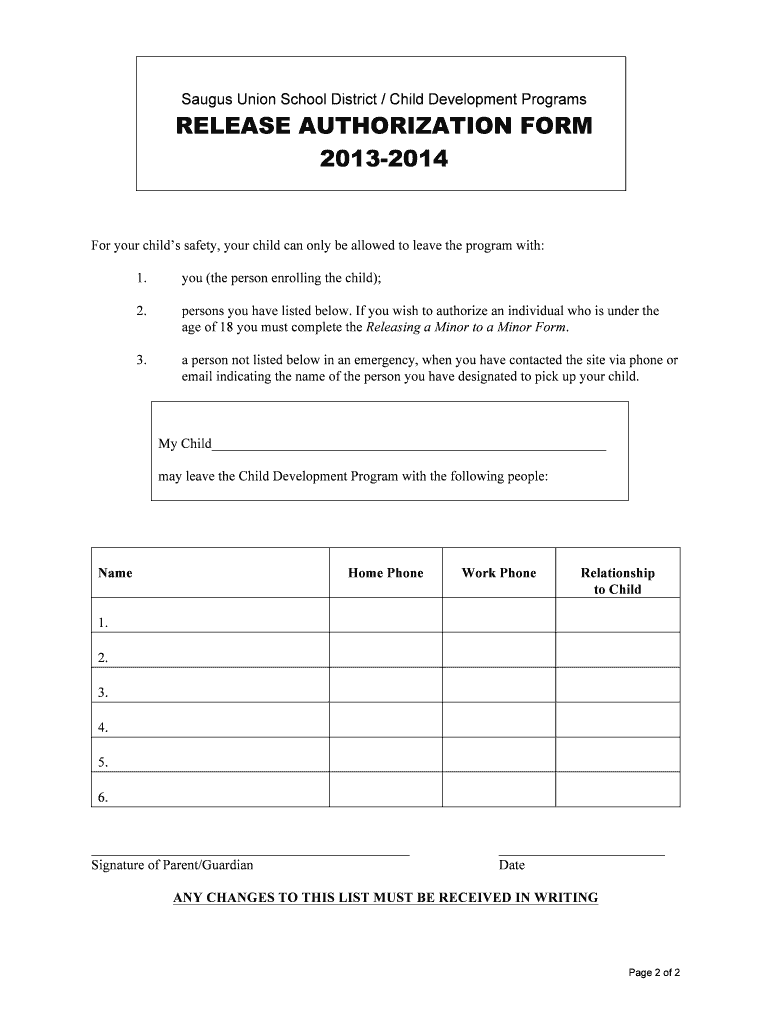 Fillable Online Release Authorization Form 2013-2014 Fax Email Print ...