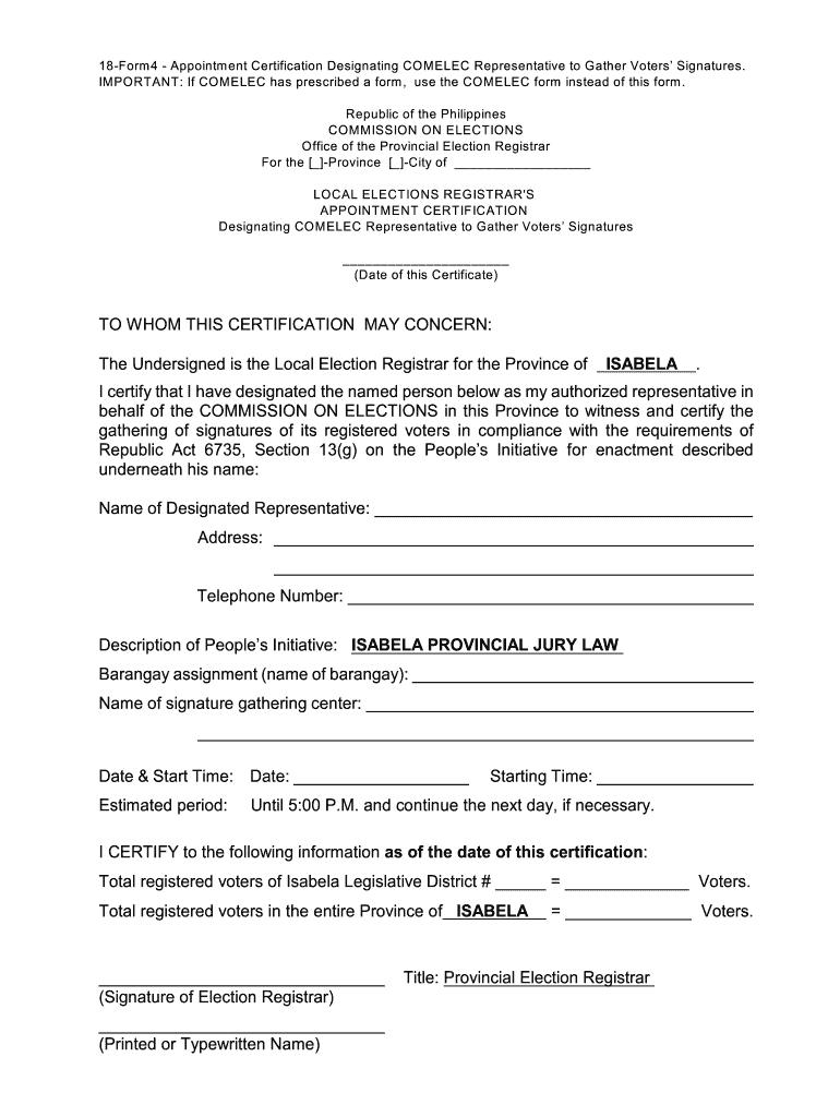 Fillable Online Appointment Certification Designating COMELEC ...