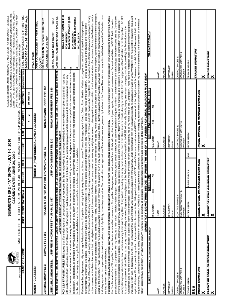 Fillable Online 2010 SUMMERS HERE ENTRY FORM - Fox Lea Farm Fax Email Print - pdfFiller