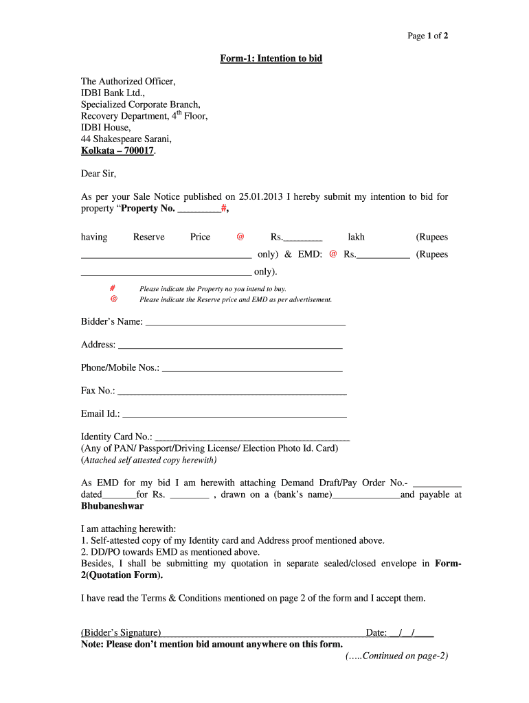 Fillable Online Intention to bid for property Fax Email Print - pdfFiller