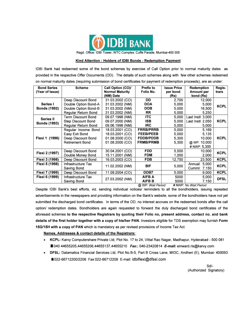 Fillable Online IDBI Bonds - Redemption Payment Notification Fax Email Print - pdfFiller