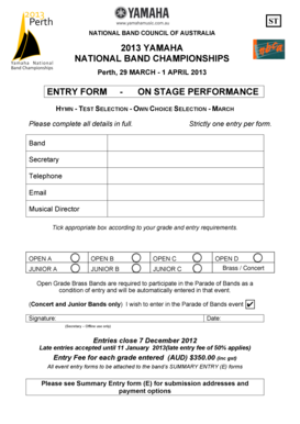 Fillable Online ENTRY FORM - ON STAGE PERFORMANCE 2013 YAMAHA ... Fax ...
