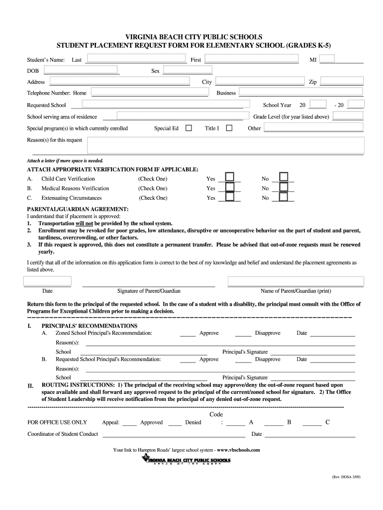 Fillable Online Virginia Beach City Public Schools Student Placement Request Form Fax Email ...